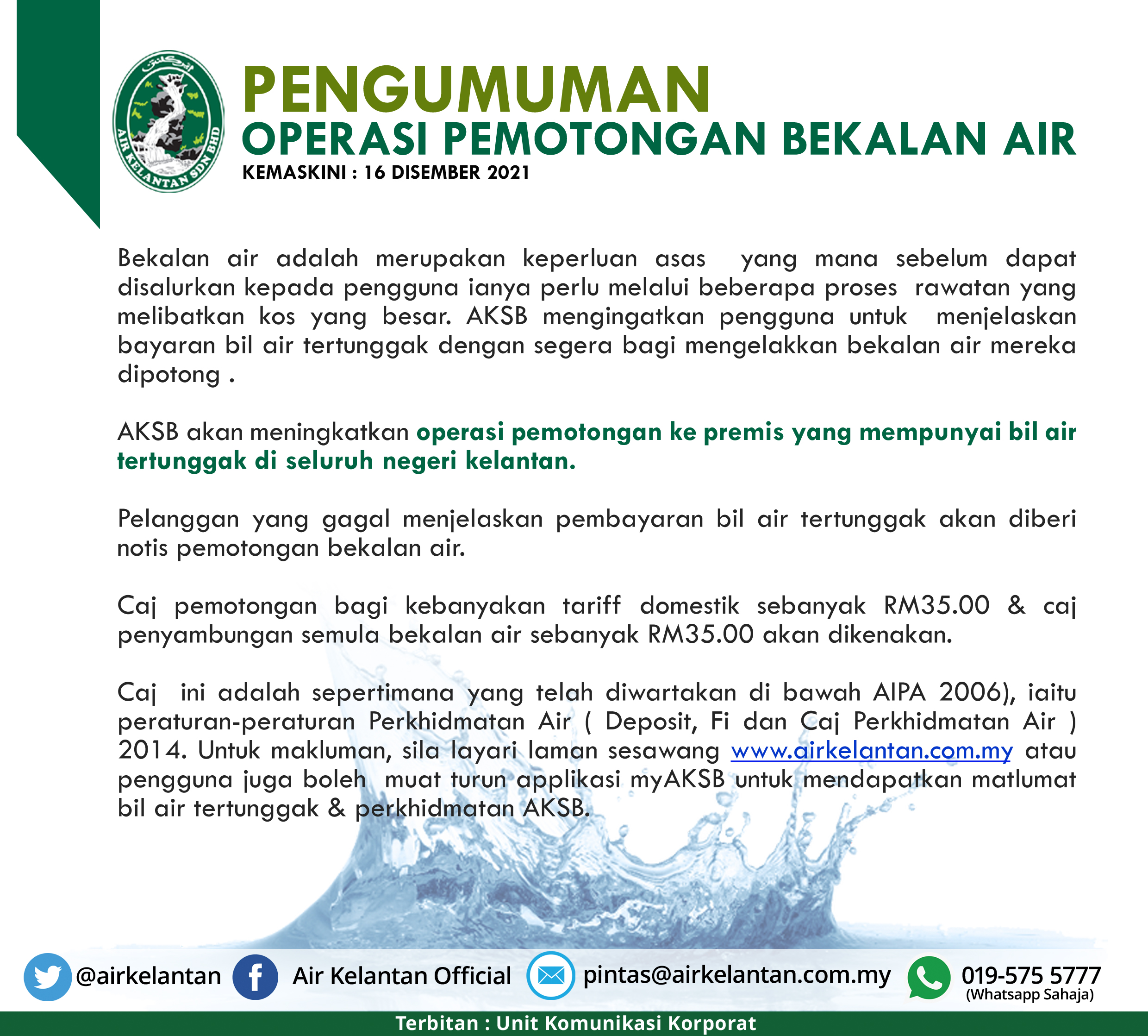 PENGUMUMAN OPERASI PEMOTONGAN BEKALAN AIR - Air Kelantan Sdn. Bhd. (AKSB)