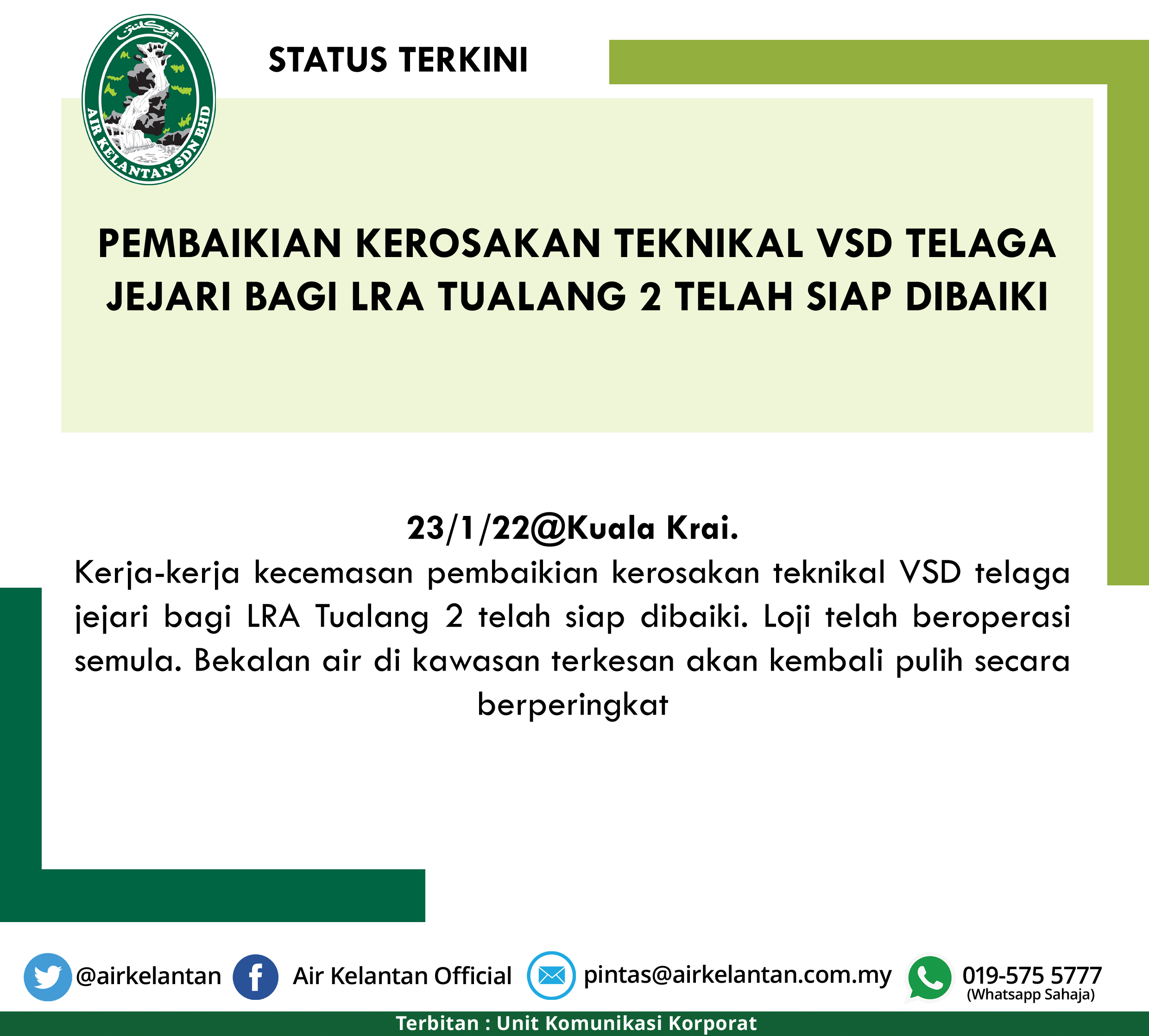 PEMBAIKIAN KEROSAKAN TEKNIKAL VSD TELAGA JEJARI BAGI LRA TUALANG 2 ...