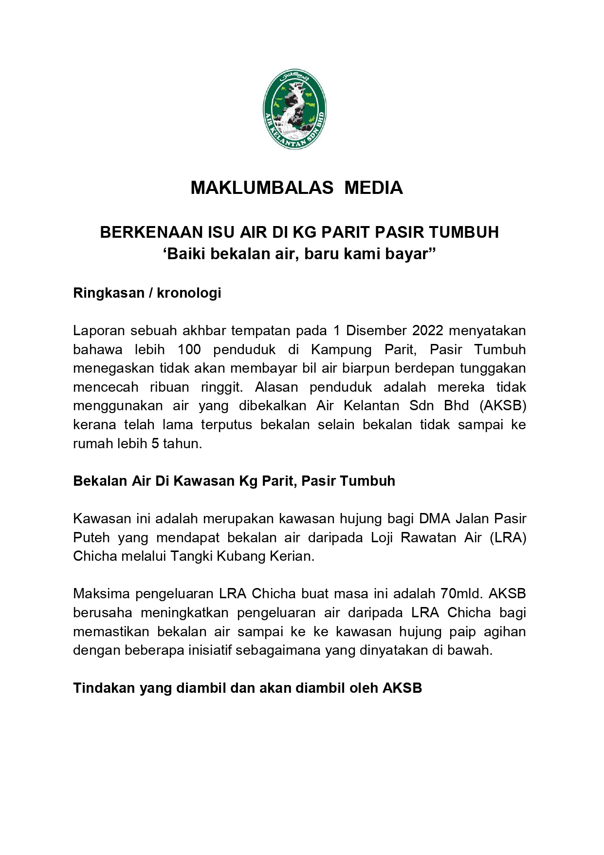 MAKLUMBALAS MEDIA: ISU AIR DI KG. PARIT PASIR TUMBUH - Air Kelantan Sdn ...
