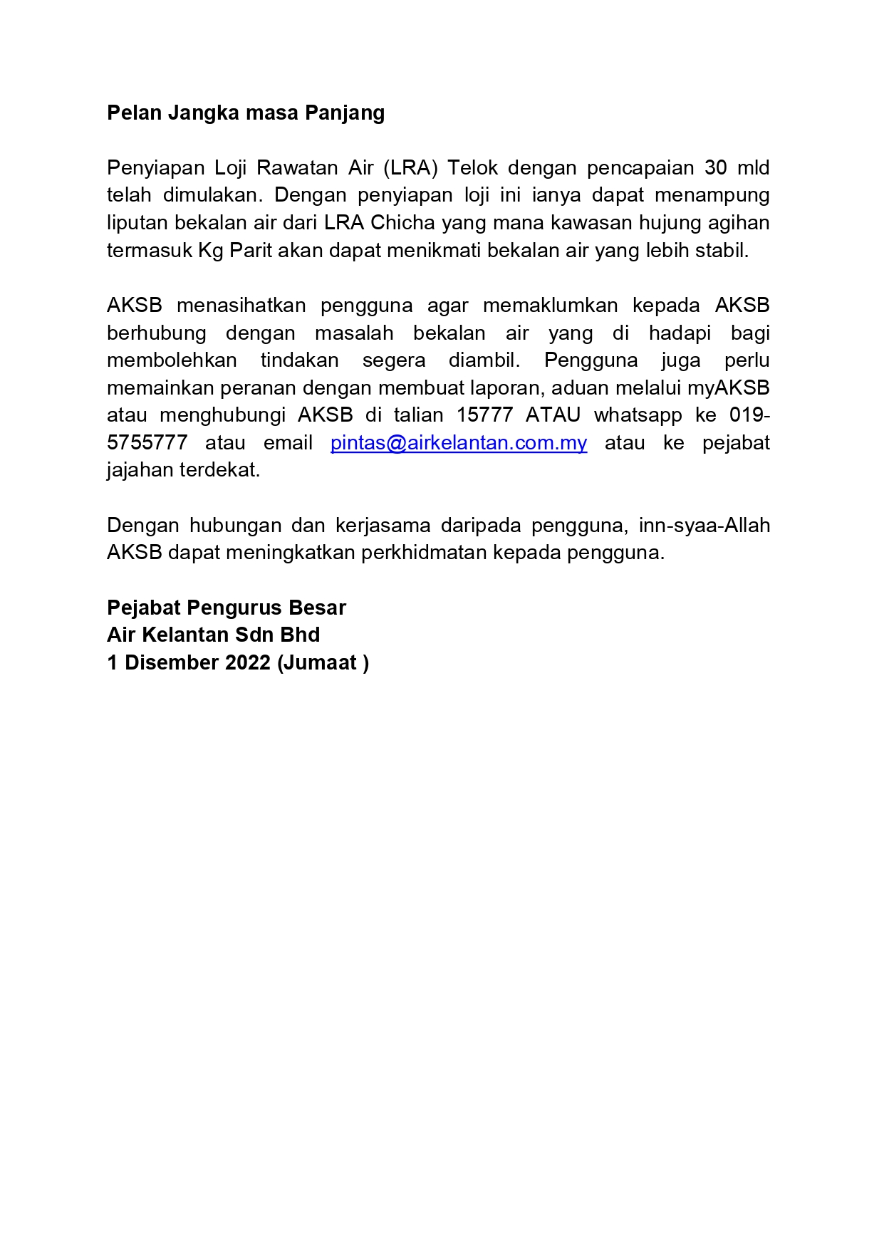 MAKLUMBALAS MEDIA: ISU AIR DI KG. PARIT PASIR TUMBUH - Air Kelantan Sdn ...